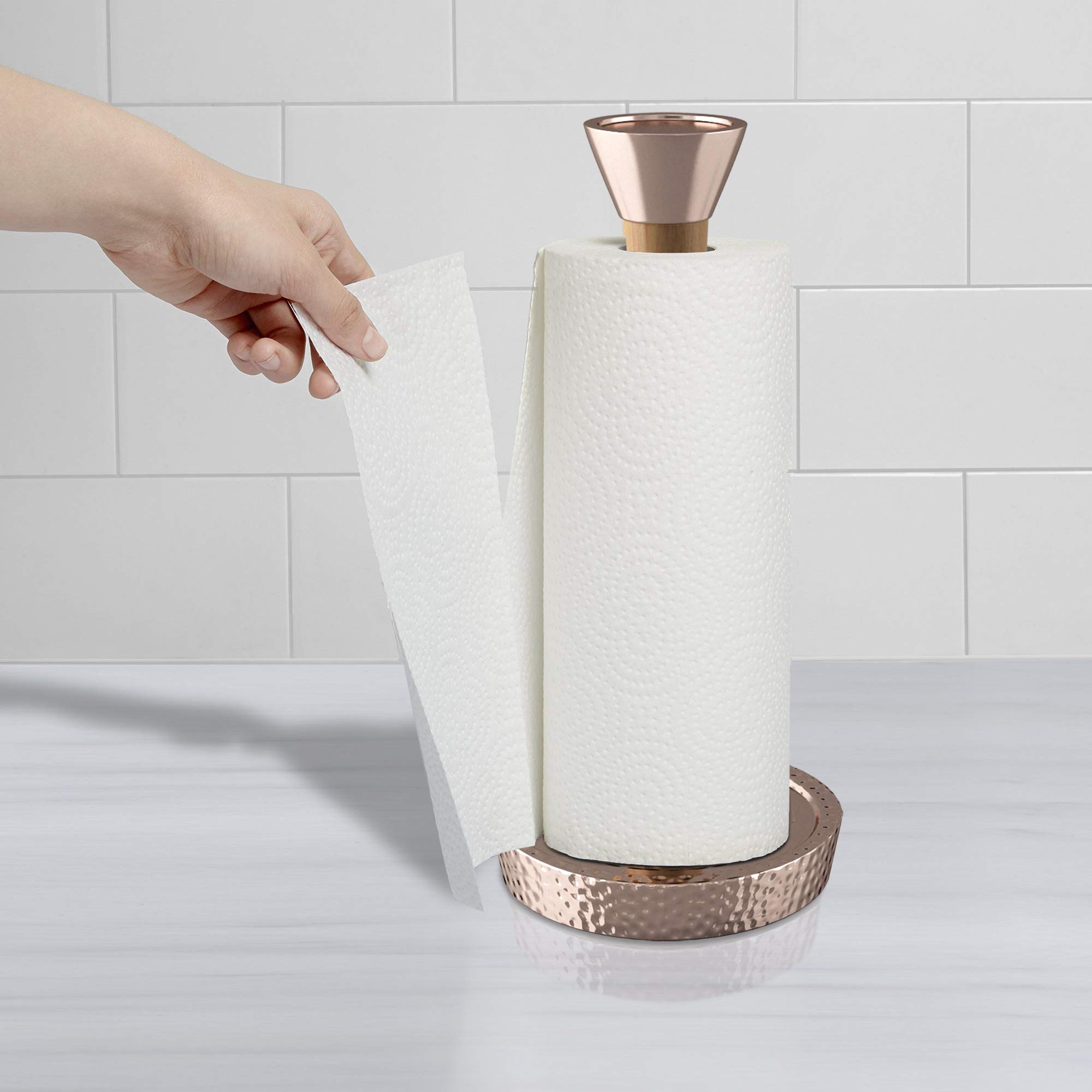 NuSteel nu Steel TG-KPTH-17CH Hammered Copper Standing Easy One-Handed Tear Kitchen Dispenser with Weighted Base for Standard Paper Towel Holder Wall Mount, Polished Wood