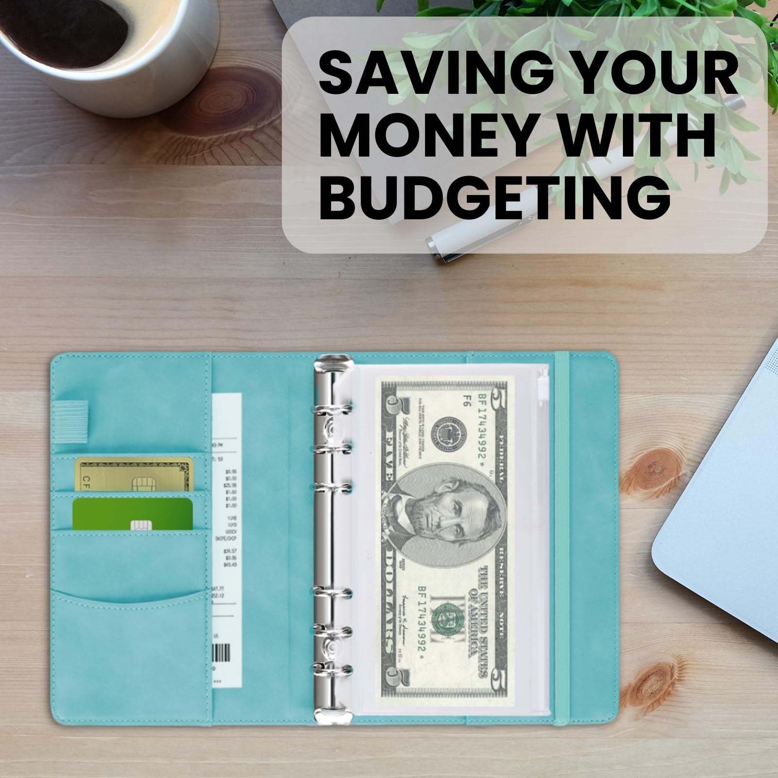 LINTRU Budget Binder with Zipper Envelopes, Money Organizer for Cash, A6 Binder with 10pcs Cash Envelopes for Budgeting, 12pcs Budget Sheets and 36pcs Stickers for Savings Binder (Ice Green)