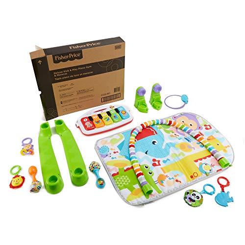 Fisher-Price Baby Playmat Deluxe Kick & Play Piano Gym & Maracas With Smart Stages Learning Content, 5 Linkable Toys & 2 Soft Rattles [Amazon Exclusive]