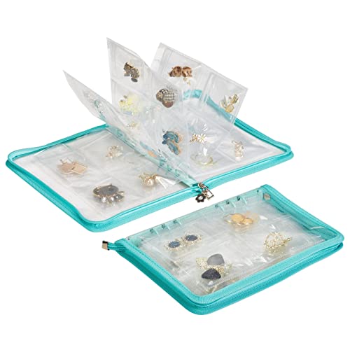 CATIFLIN Earring Organizer Travel Jewelry Case Container Transparent Jewelry Storage Book for Bracelet, Ring, Necklace, Stud, pin (96 Grids + 100 Small Thicken PVC Zipper Bags, Turquoise)