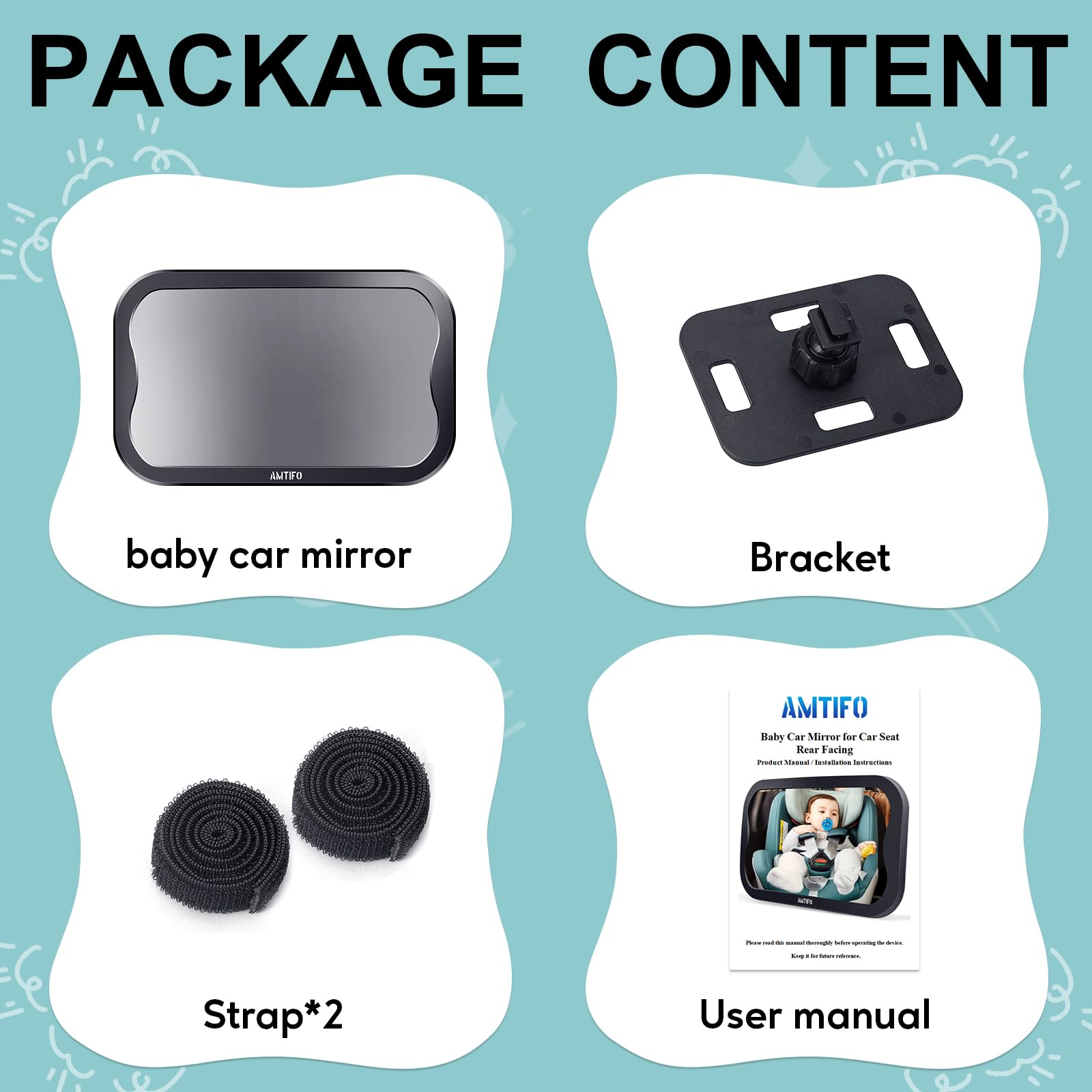 Baby Car Mirror for Rear-Facing Seat - Shatterproof & No-Shake Design,Wide-Angle View,Easy Install 360° Adjustable,Infant and Toddler Travel Essential,by AMTIFO