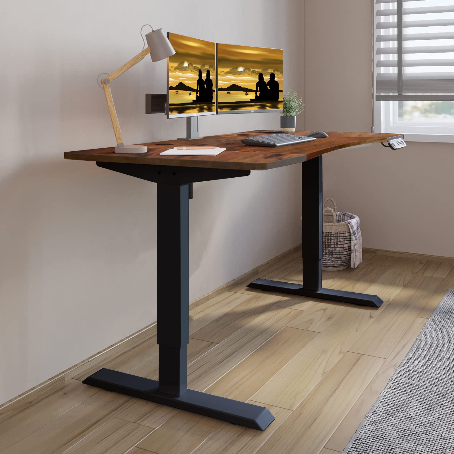 Jceet Dual Motor Electric Standing Desk - 63 x 30 Inch Adjustable Height Sit Stand Computer Desk with Splice Board, Stand Up Desk Table for Home Office, Rustic Brown Top(with Radian)