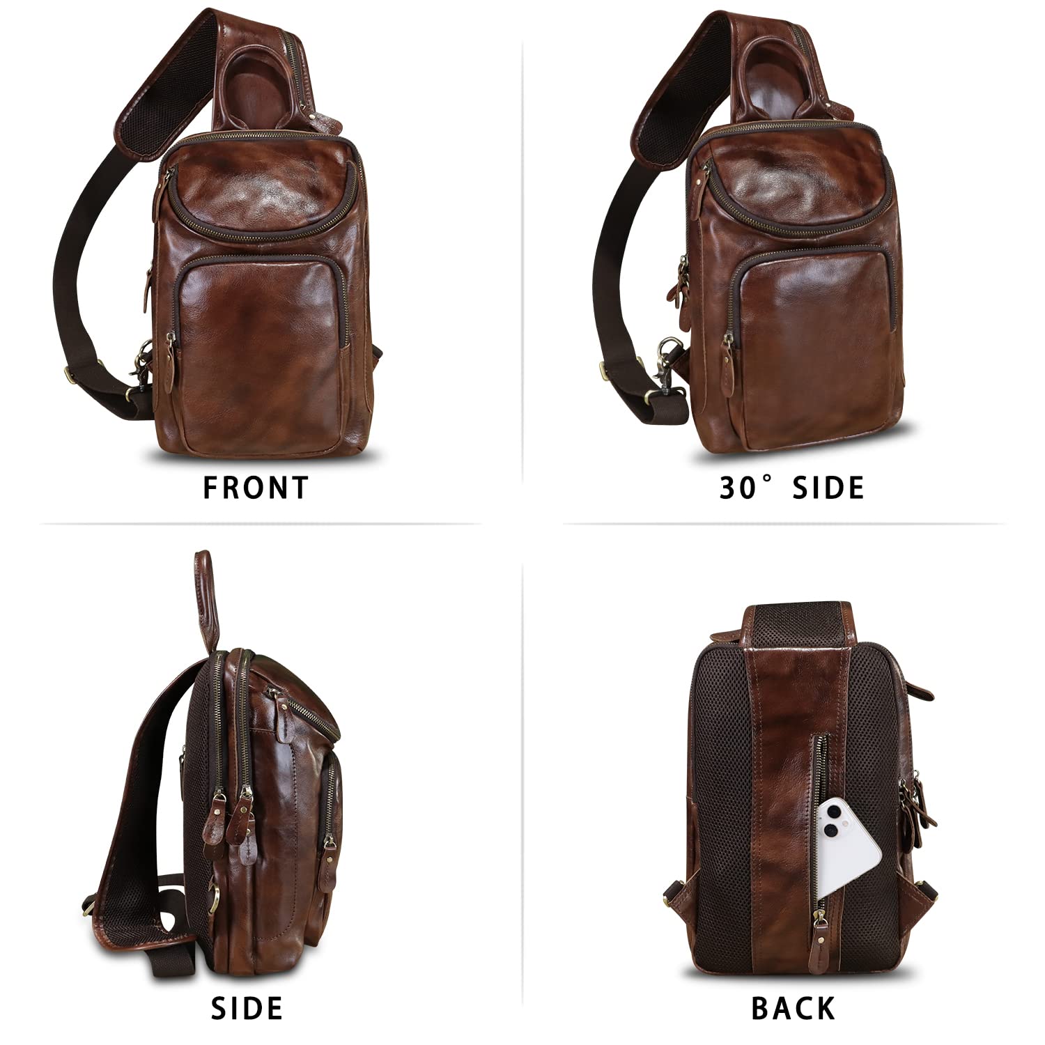 Genuine Leather Sling Bags Hiking Sling Backpacks Vintage Handmade Crossbody Chest Daypack Anti-theft Shoulder Satchel (Coffee)