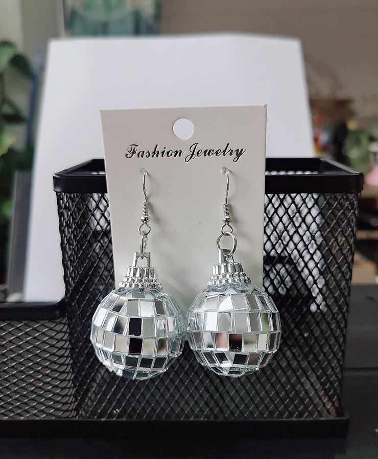 Disco Ball Earrings 60'S 70'S Silver Mirror Disco Ball Drop Dangle 30MM Ball Earrings Dance Party Costume Accessories for Women -1 Pair