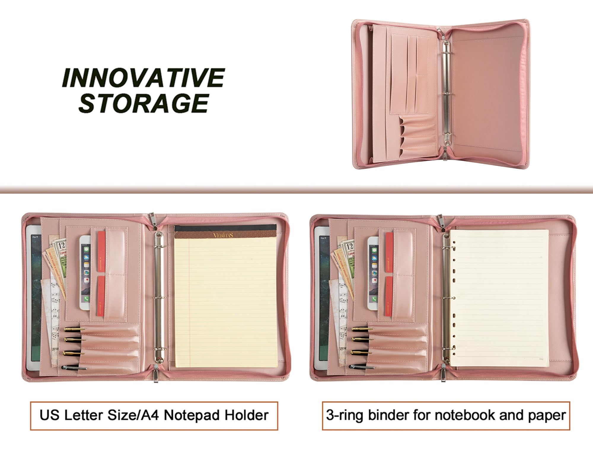 Free Engraved Name, Personalized Portfolio Binder for Women, PU Leather 3 Ring Binder Padfolio Organizer, Business Resume Zippered Portfolio with A4 Writing Pad, Corporate Gift, Customized, Pink