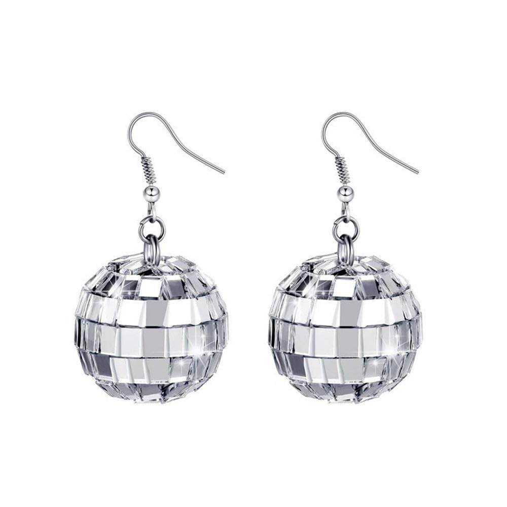 Disco Ball Earrings 60'S 70'S Silver Mirror Disco Ball Drop Dangle 30MM Ball Earrings Dance Party Costume Accessories for Women -1 Pair