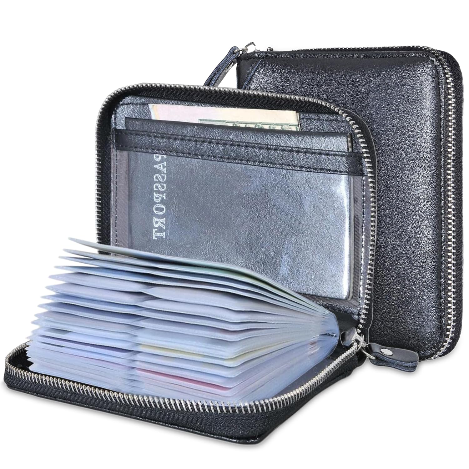 Large Credit Card Holder Wallet Genuine Leather Passport Holder 42 Card Slots (Black)