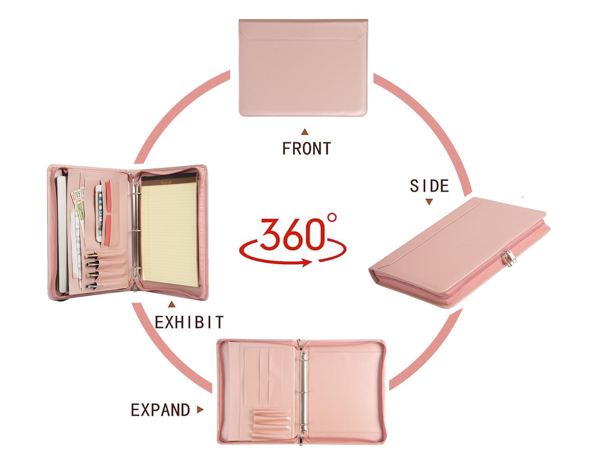 Free Engraved Name, Personalized Portfolio Binder for Women, PU Leather 3 Ring Binder Padfolio Organizer, Business Resume Zippered Portfolio with A4 Writing Pad, Corporate Gift, Customized, Pink