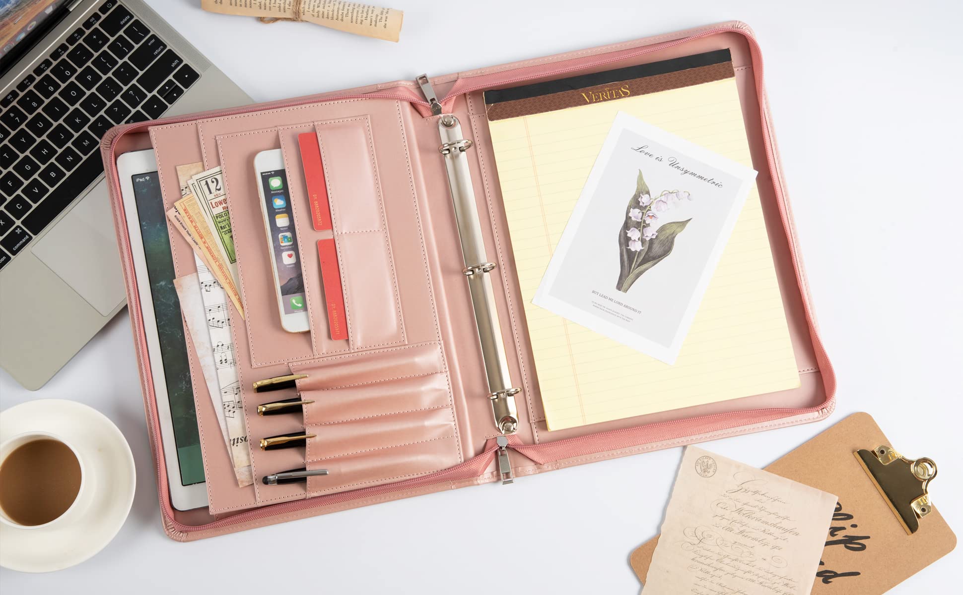 Free Engraved Name, Personalized Portfolio Binder for Women, PU Leather 3 Ring Binder Padfolio Organizer, Business Resume Zippered Portfolio with A4 Writing Pad, Corporate Gift, Customized, Pink