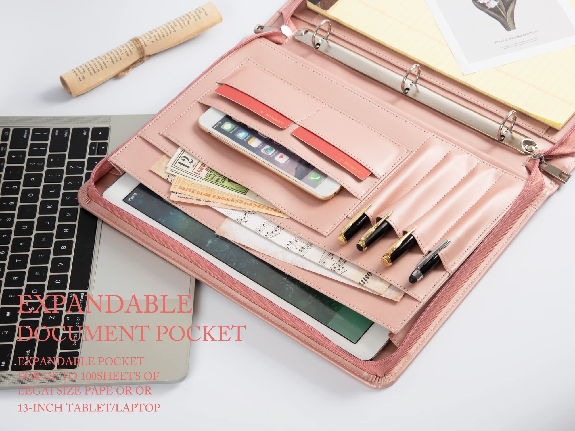 Free Engraved Name, Personalized Portfolio Binder for Women, PU Leather 3 Ring Binder Padfolio Organizer, Business Resume Zippered Portfolio with A4 Writing Pad, Corporate Gift, Customized, Pink