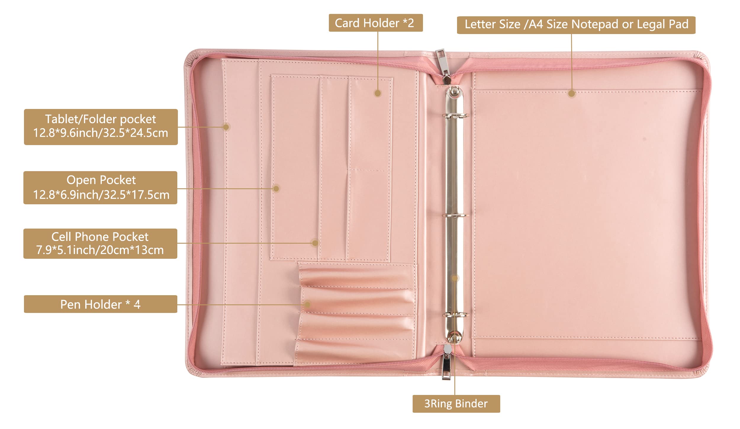 Free Engraved Name, Personalized Portfolio Binder for Women, PU Leather 3 Ring Binder Padfolio Organizer, Business Resume Zippered Portfolio with A4 Writing Pad, Corporate Gift, Customized, Pink