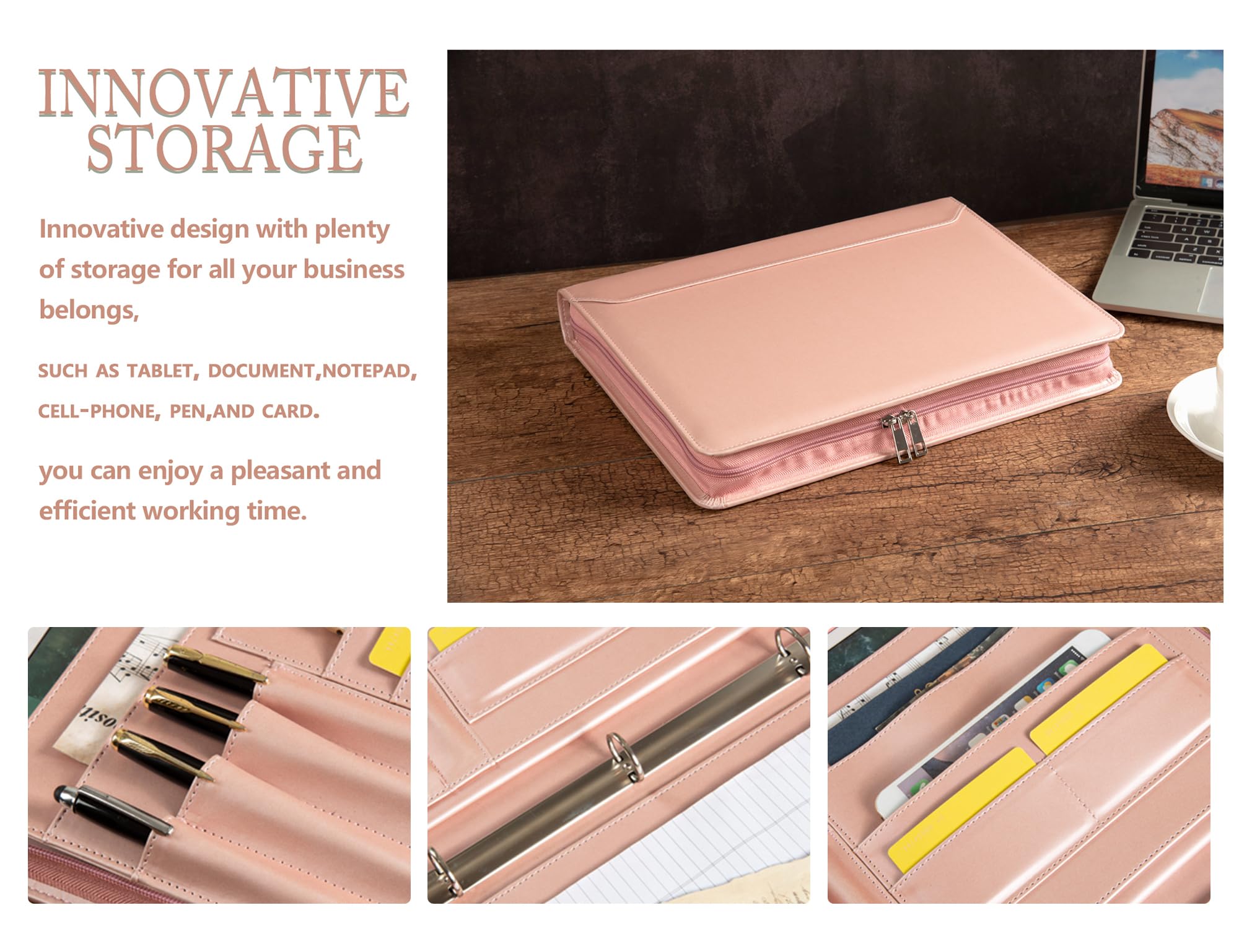 Free Engraved Name, Personalized Portfolio Binder for Women, PU Leather 3 Ring Binder Padfolio Organizer, Business Resume Zippered Portfolio with A4 Writing Pad, Corporate Gift, Customized, Pink