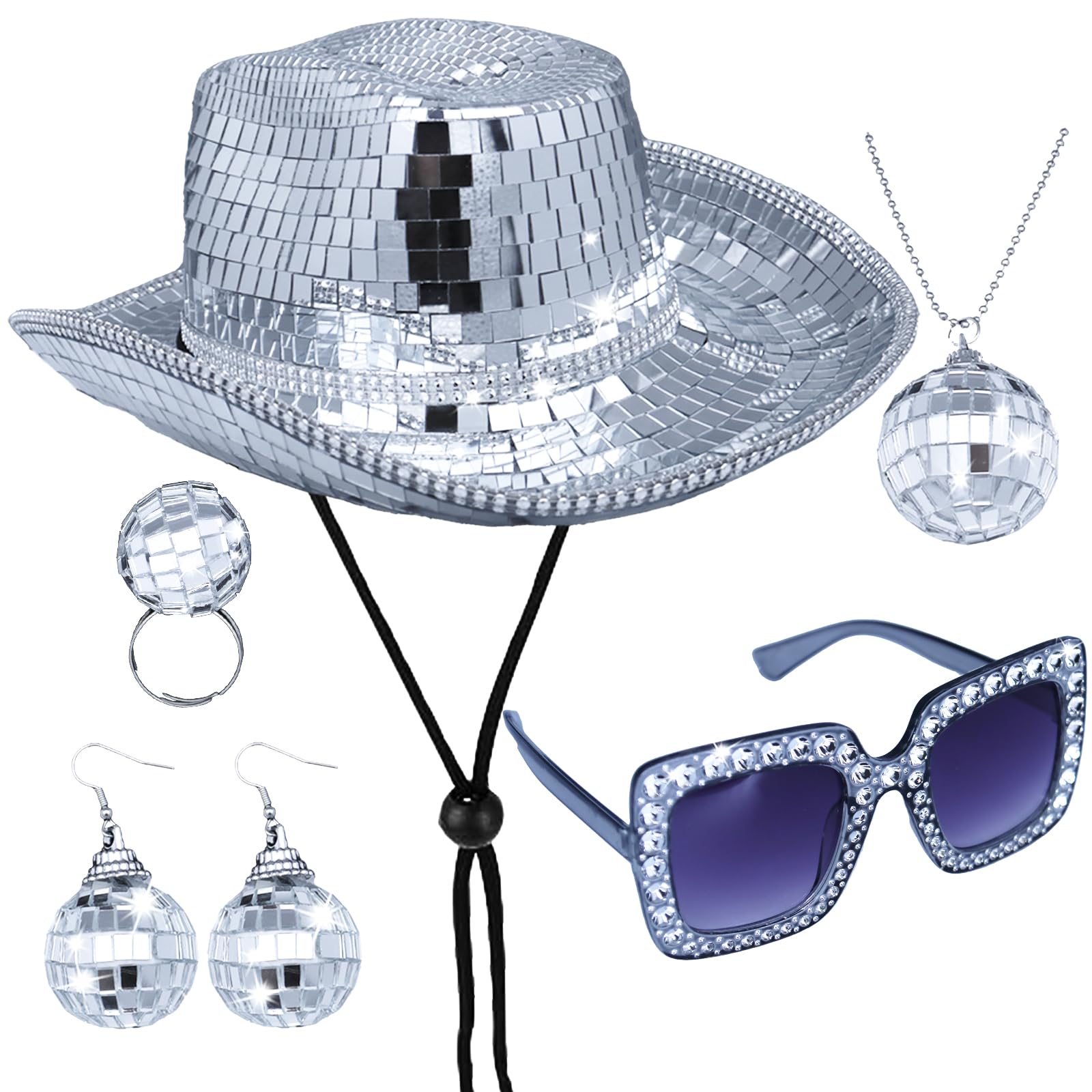 Tongnian Disco Ball Cowboy Hat, 1970s Disco Accessories Set Silver Cowgirl Hat with Disco Ball Necklace, Earrings, Ring and Sunglasses for Women Party