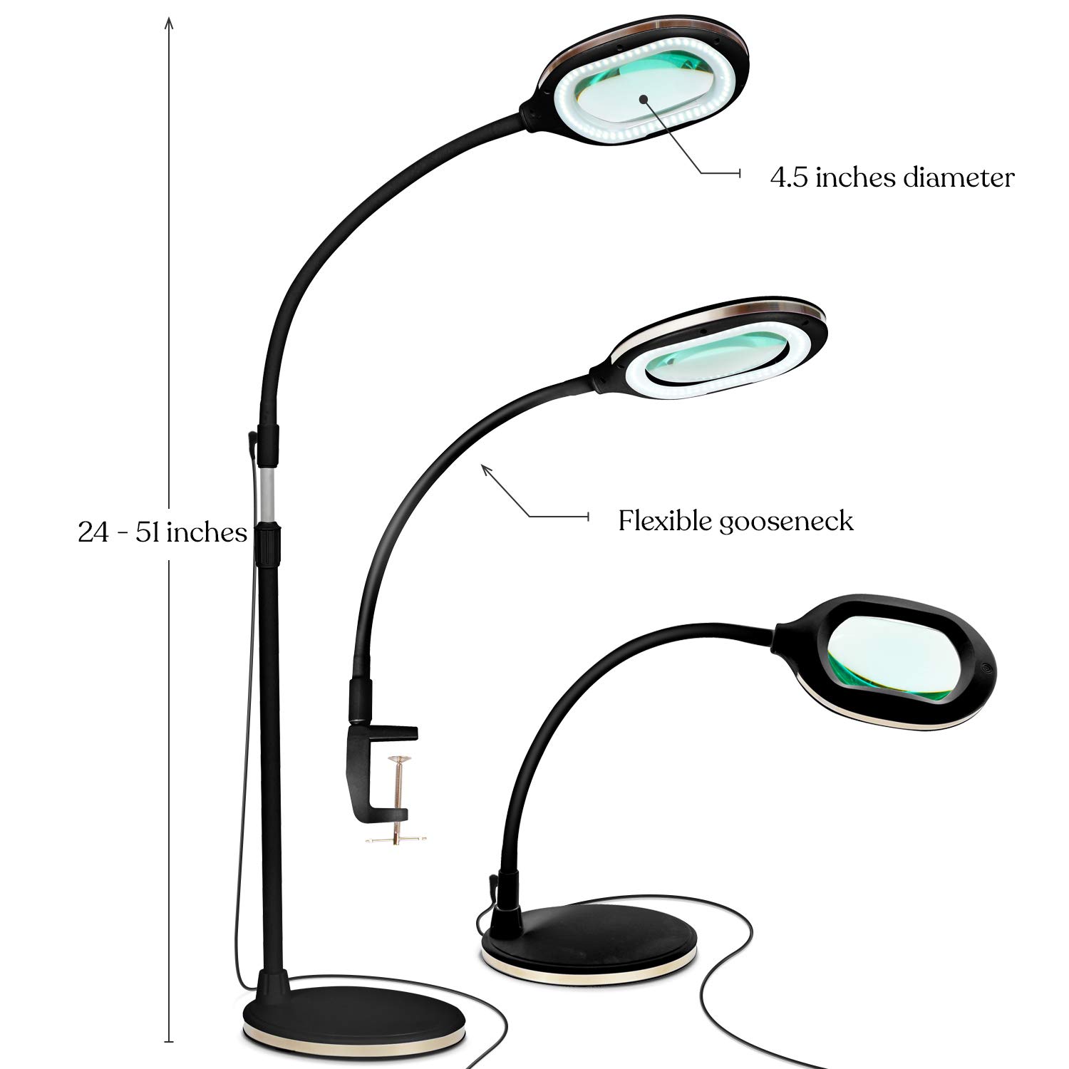 Brightech LightView Pro Magnifying LED Desk Lamp with Light, Hobbies & Reading, Flexibility & Durability Magnifying Floor Lamp, 3 in 1 LED Light Glass Magnifier, Work Light for Pro Uses - Black