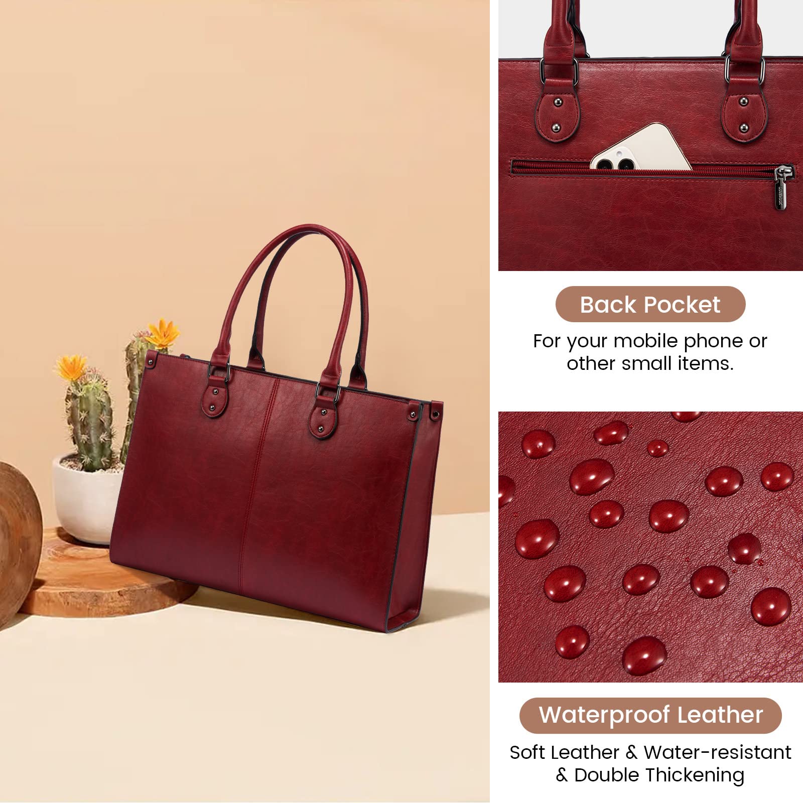 LOVEVOOK Vintage Leather Laptop Tote, 15.6 Inch Work Bag for Women, Large Capacity Business Handbag with 2PCs
