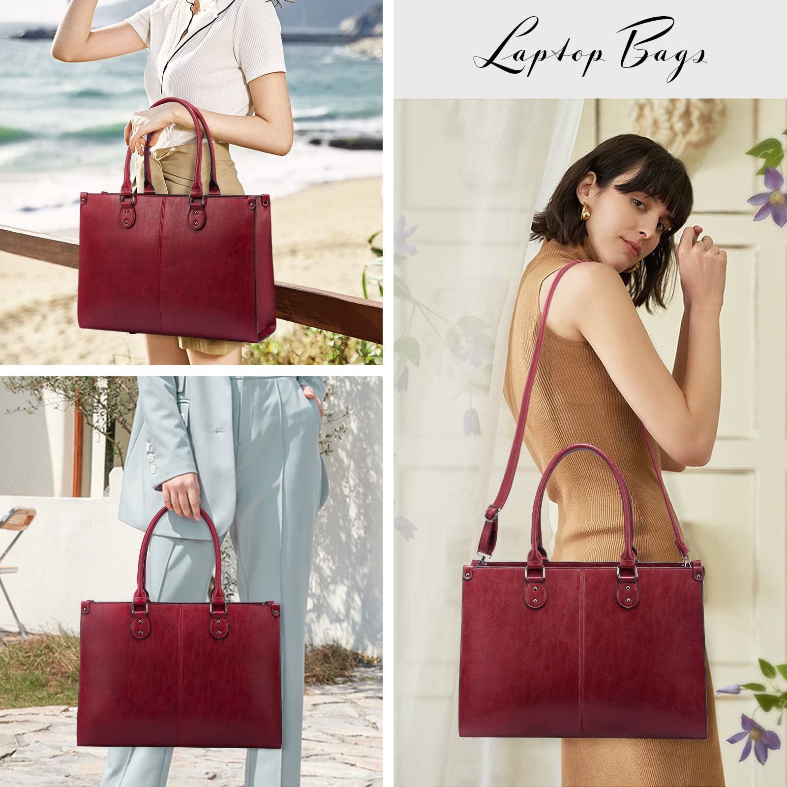LOVEVOOK Vintage Leather Laptop Tote, 15.6 Inch Work Bag for Women, Large Capacity Business Handbag with 2PCs