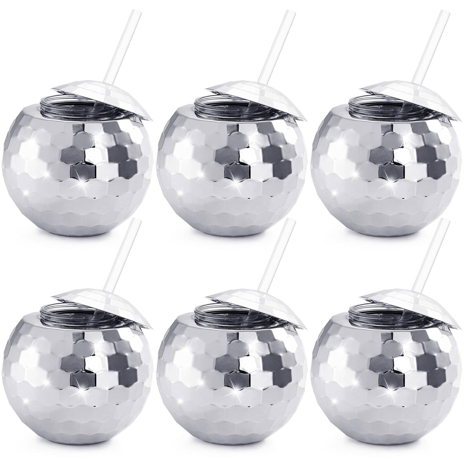 Nicunom 6 Pack Disco Ball Cups with Lids & Straws, 19 Oz Silver Disco Ball Tumbler 1970s Disco Flash Ball Cocktail Cup Sparkly Glitter Disco Bar Party Wine Drinking Tea Syrup Bottle