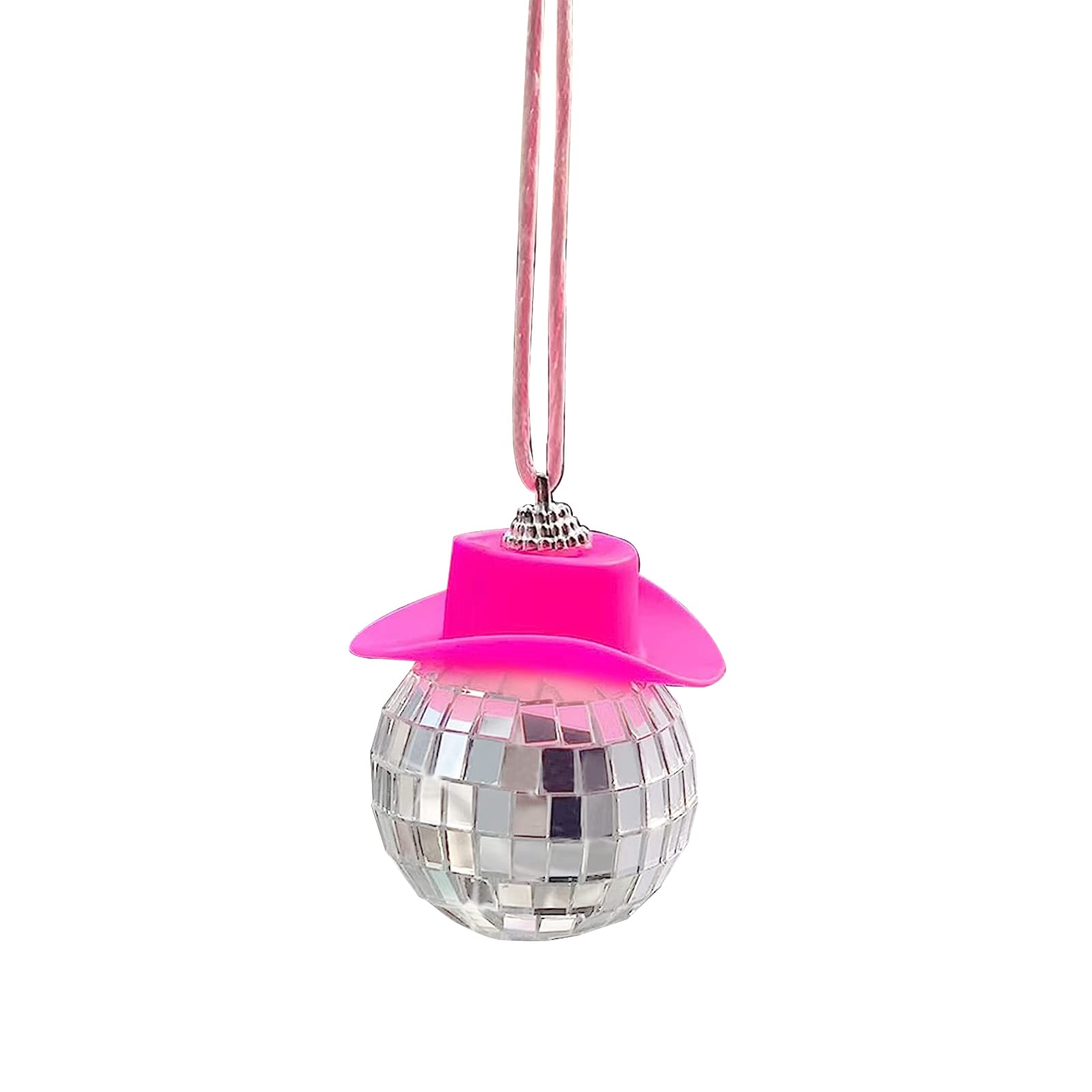 Disco Ball Car Accessory,Disco Ball Car Mirror Ornament,Disco Ball for Car,Car Disco Ball for Rear View Mirror,Bling Disco Ball Cowboy Hat Car Accessory, (Pink)