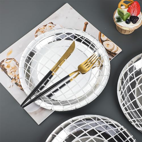Fairooth 50 PCS Disco Paper Plates 9" Silver Foil Disposable Plates Disco Ball Dessert Dinner Plates 70’s Party Paper Tableware for Rock Roll Dance Music Party Supplies