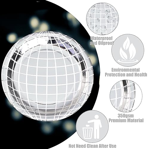 Fairooth 50 PCS Disco Paper Plates 9" Silver Foil Disposable Plates Disco Ball Dessert Dinner Plates 70’s Party Paper Tableware for Rock Roll Dance Music Party Supplies