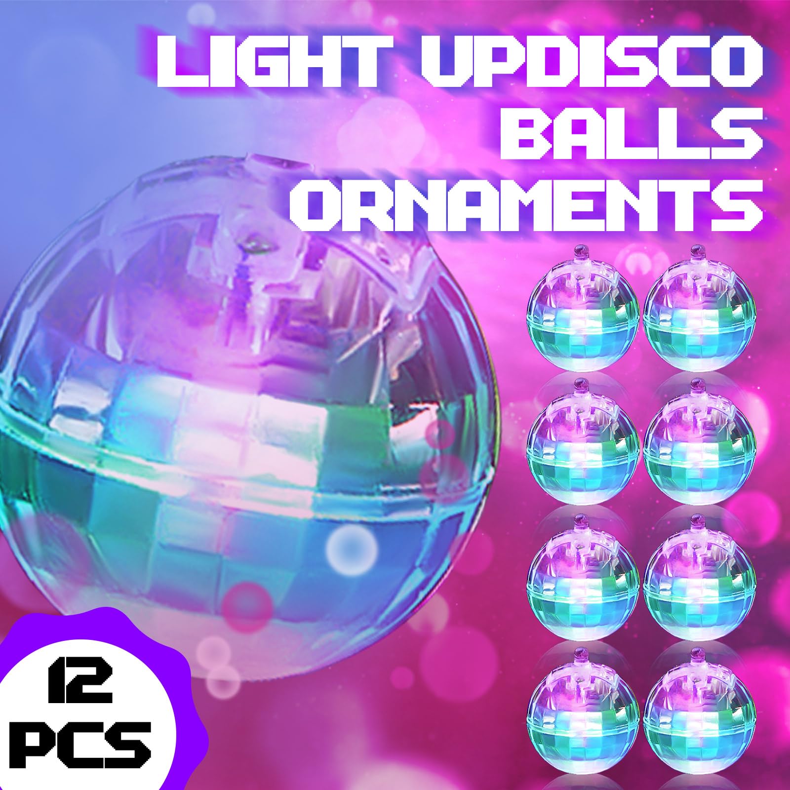 Crowye 12 Pcs Mini Disco Balls Decorations Light up LED Disco Balls Hanging Ornaments 70s 80s Disco Themed Party Supplies Dance Music Neon Christmas Party Favors