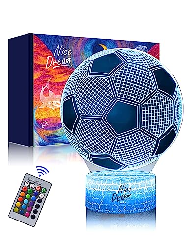 Nice Dream Soccer Night Light for Kids, 3D Illusion Night Lamp, 16 Colors Changing with Remote Control, Kids Room Decor, Toys Gifts for Children Boys Girls