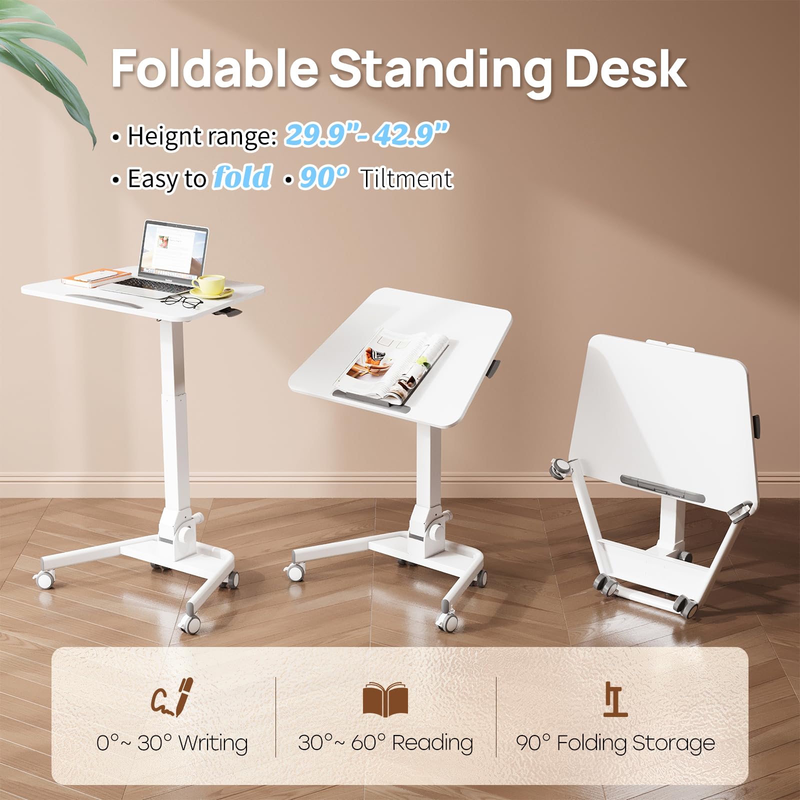 Joy Seeker Foldable Mobile Standing Desk, Pneumatic Height Adjustable and Tilt Rolling Sit Stand Desk, 90° Tiltable Portable Laptop Desk Cart on Wheels White Workstation for Home Office, Easy to Fold