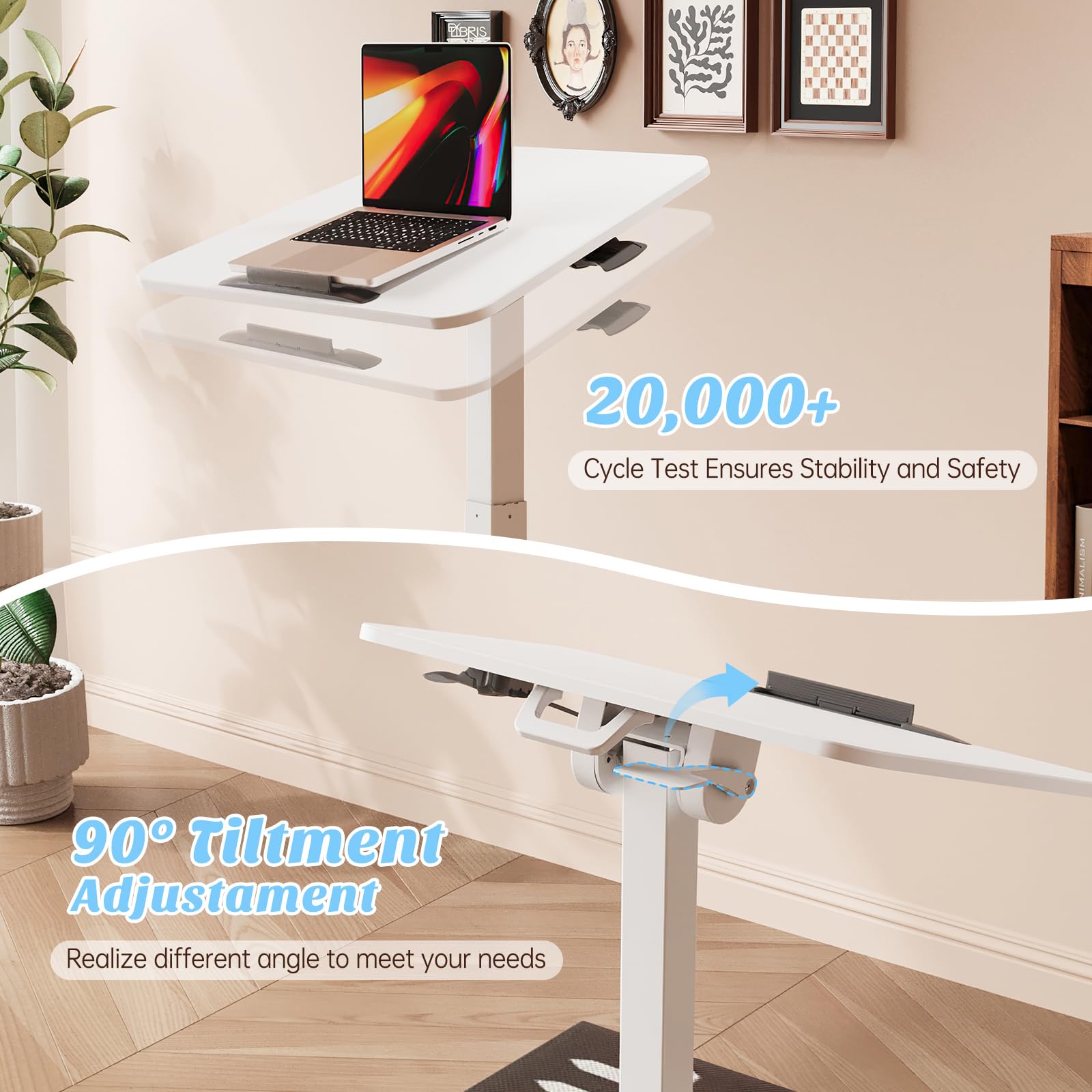 Joy Seeker Foldable Mobile Standing Desk, Pneumatic Height Adjustable and Tilt Rolling Sit Stand Desk, 90° Tiltable Portable Laptop Desk Cart on Wheels White Workstation for Home Office, Easy to Fold
