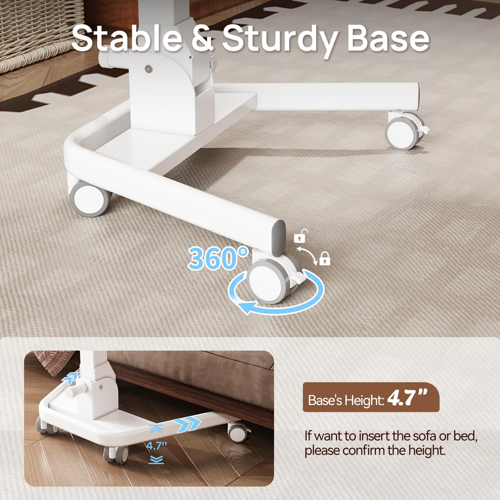 Joy Seeker Foldable Mobile Standing Desk, Pneumatic Height Adjustable and Tilt Rolling Sit Stand Desk, 90° Tiltable Portable Laptop Desk Cart on Wheels White Workstation for Home Office, Easy to Fold