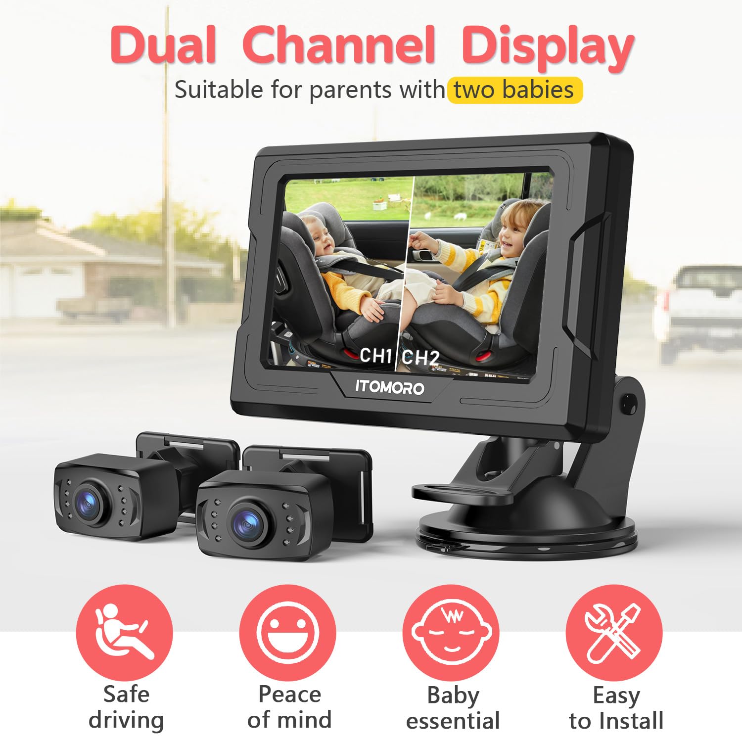Itomoro Baby Car Camera HD 1080P Dual-Channel Display Car Baby Camera with 2 IR Night Vision Camera, Easily Install 4.3'' Car Camera for Baby with Crystal Clear Wide View for Rear Facing Seat