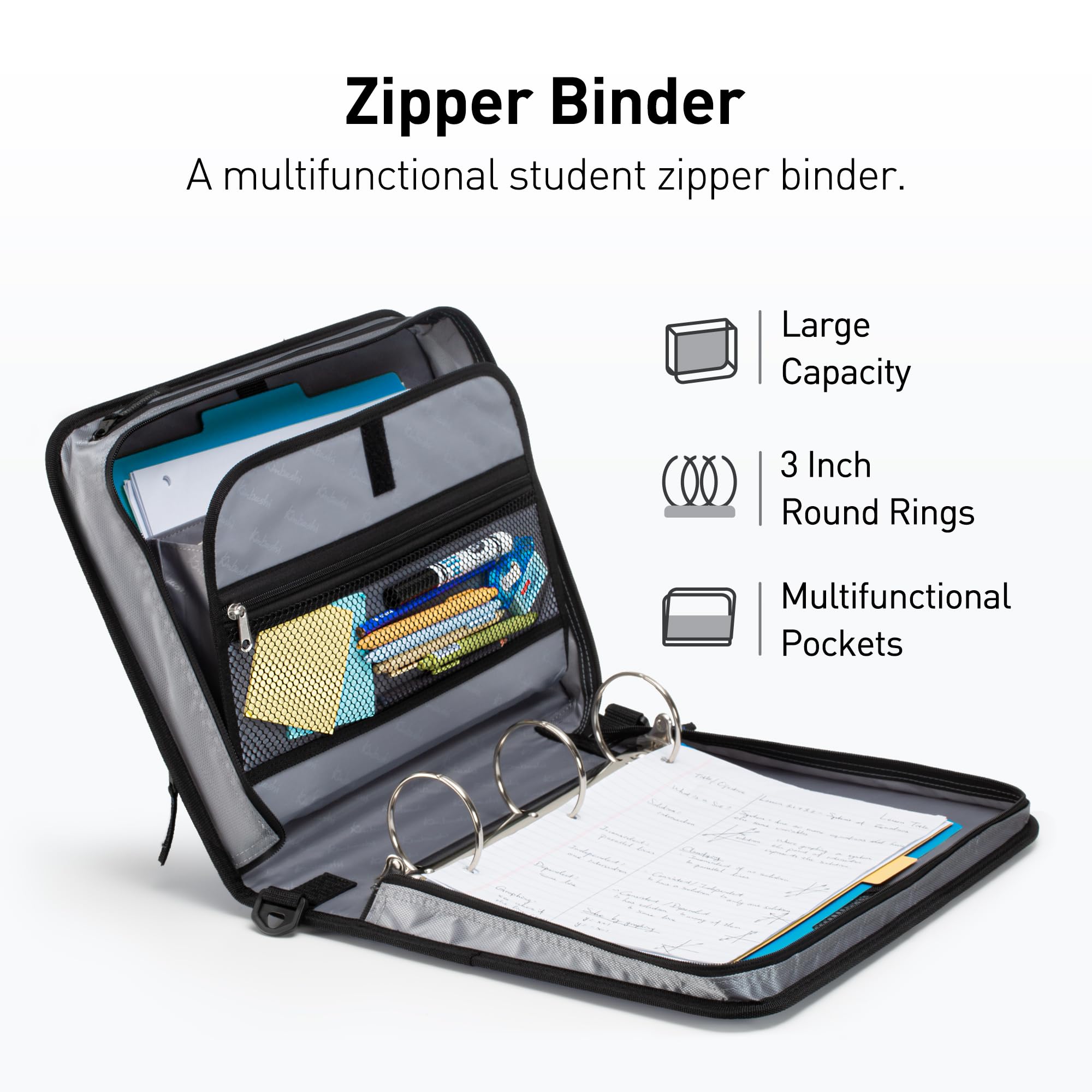 Kinbashi 3-Inch Zipper Binder, Round Ring Binder with Handle and Shoulder Strap, Black