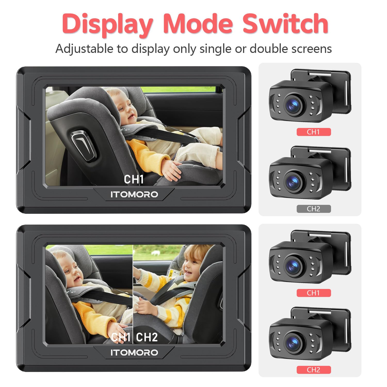 Itomoro Baby Car Camera HD 1080P Dual-Channel Display Car Baby Camera with 2 IR Night Vision Camera, Easily Install 4.3'' Car Camera for Baby with Crystal Clear Wide View for Rear Facing Seat