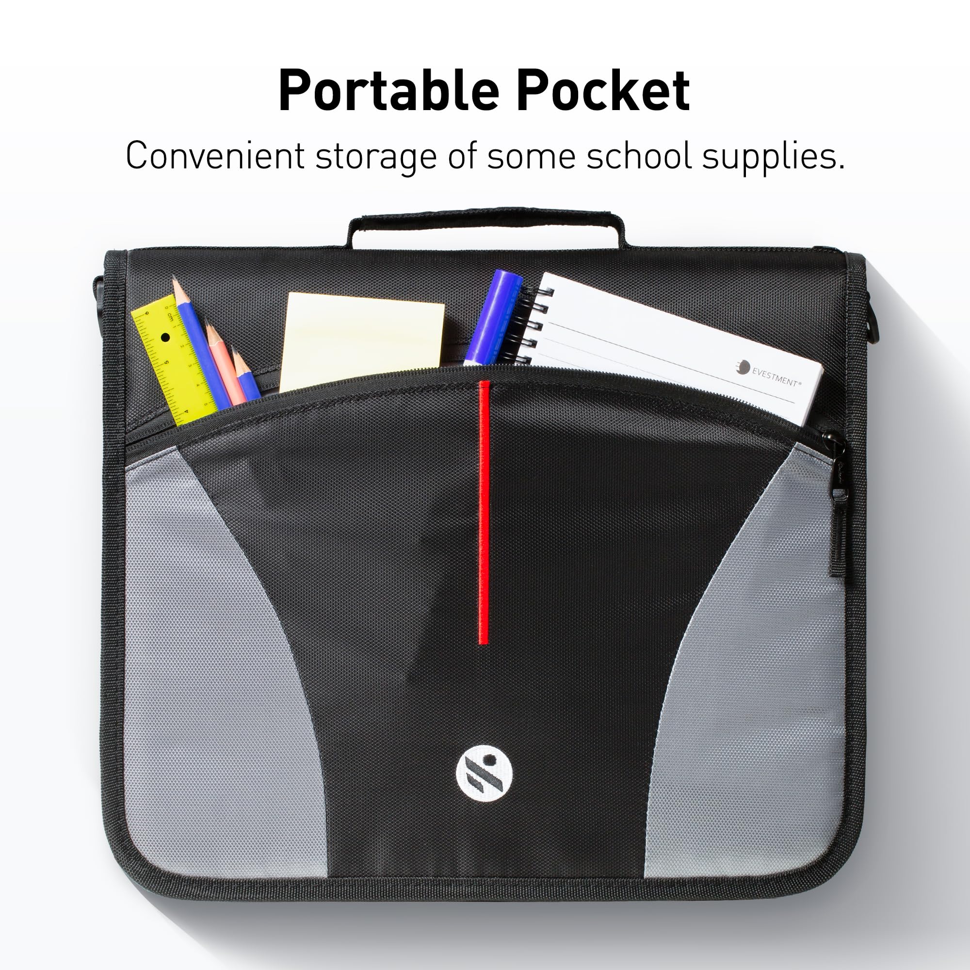 Kinbashi 3-Inch Zipper Binder, Round Ring Binder with Handle and Shoulder Strap, Black