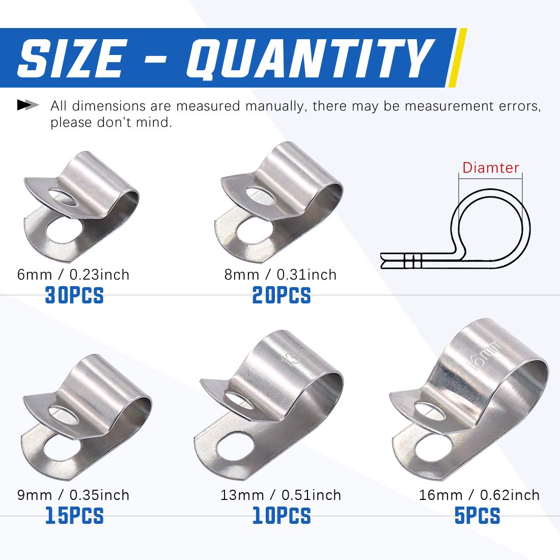 Glarks 80Pcs 5 Size 1/4'' 5/16'' 3/8'' 1/2'' 5/8'' Stainless Steel Cable Clamp Assortment Kit