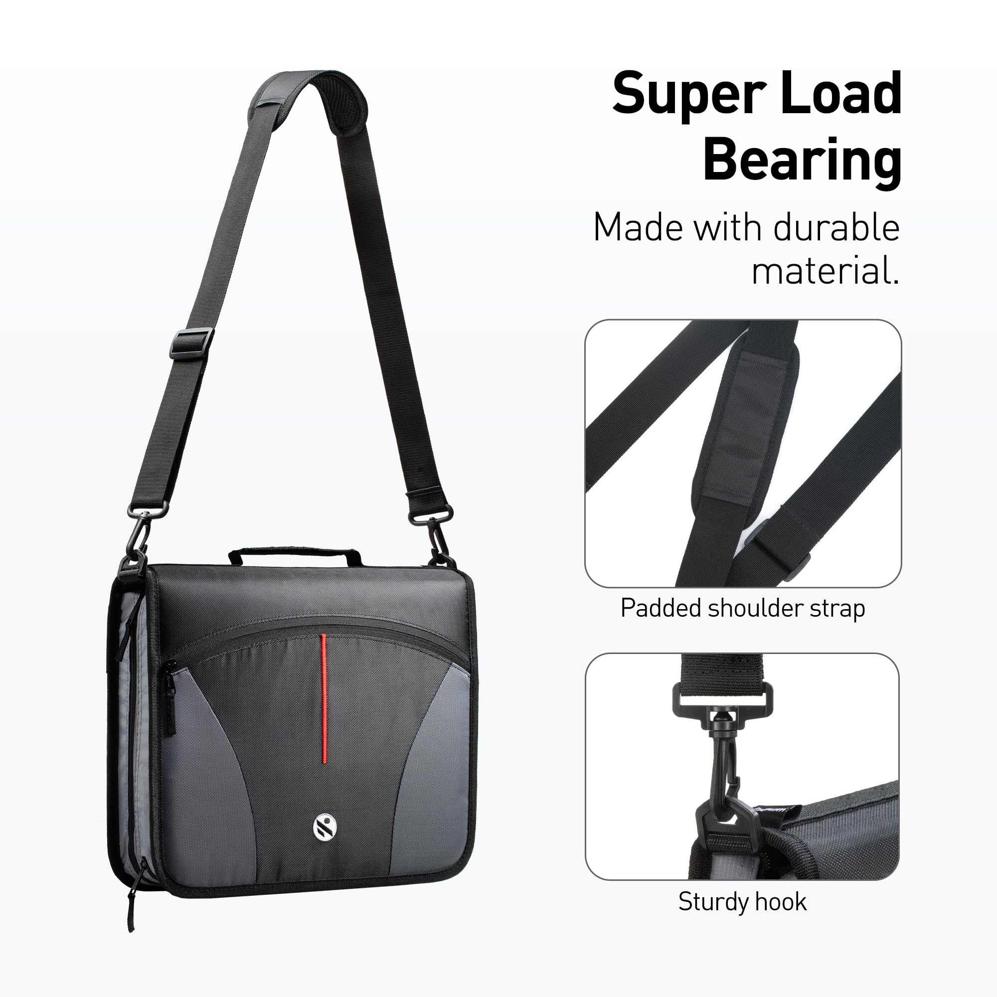 Kinbashi 3-Inch Zipper Binder, Round Ring Binder with Handle and Shoulder Strap, Black