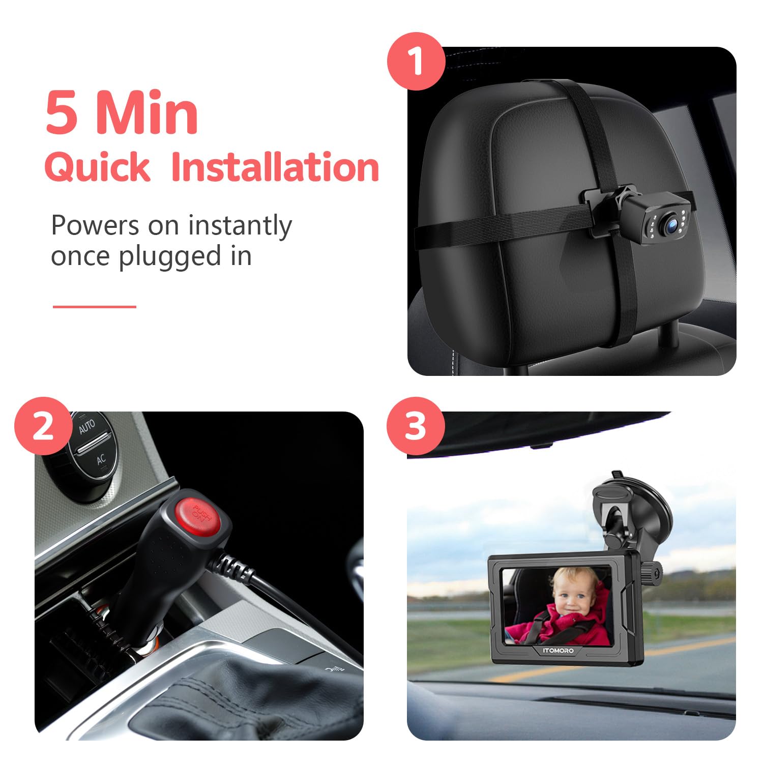 Itomoro Baby Car Camera HD 1080P Dual-Channel Display Car Baby Camera with 2 IR Night Vision Camera, Easily Install 4.3'' Car Camera for Baby with Crystal Clear Wide View for Rear Facing Seat