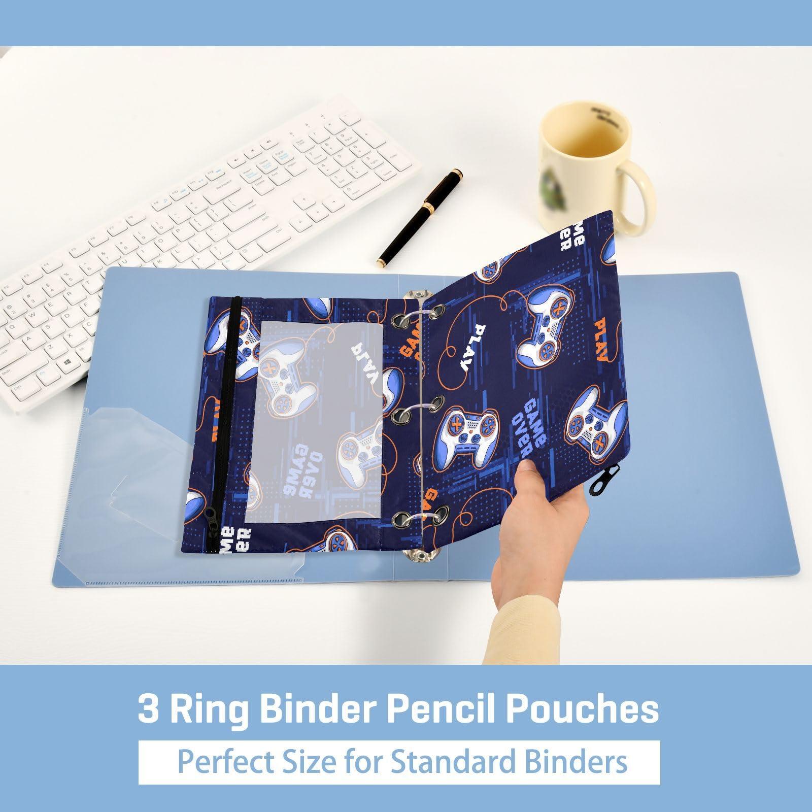 WIFIU Joystick Gamepads Pattern Pencil Pouch for 3 Ring Binder Pockets Clear Window Pencil Bag with Smooth Zipper Game Controller Pencil Case for Organization Office Supplies Cosmetics 2 Pack