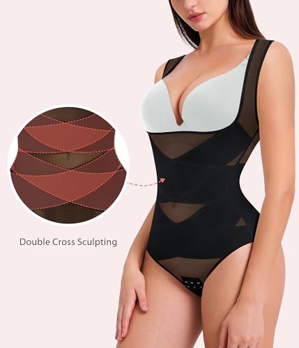 REYEOGO Women Thong Shapewear for Tummy Control Open Bust Body Shaper Compression Fajas Waist Trainer Corset (Black, Medium)
