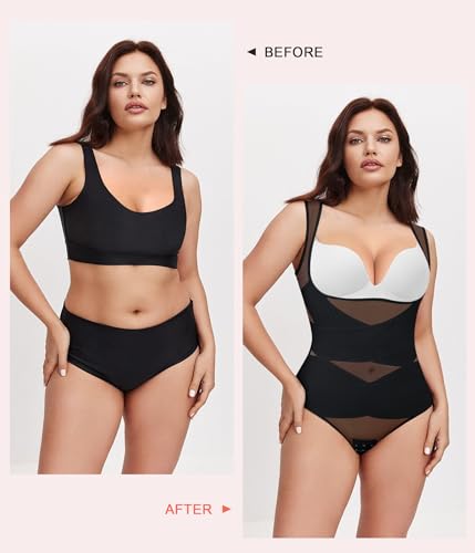 REYEOGO Women Thong Shapewear for Tummy Control Open Bust Body Shaper Compression Fajas Waist Trainer Corset (Black, Medium)