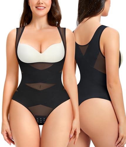 REYEOGO Women Thong Shapewear for Tummy Control Open Bust Body Shaper Compression Fajas Waist Trainer Corset (Black, Medium)