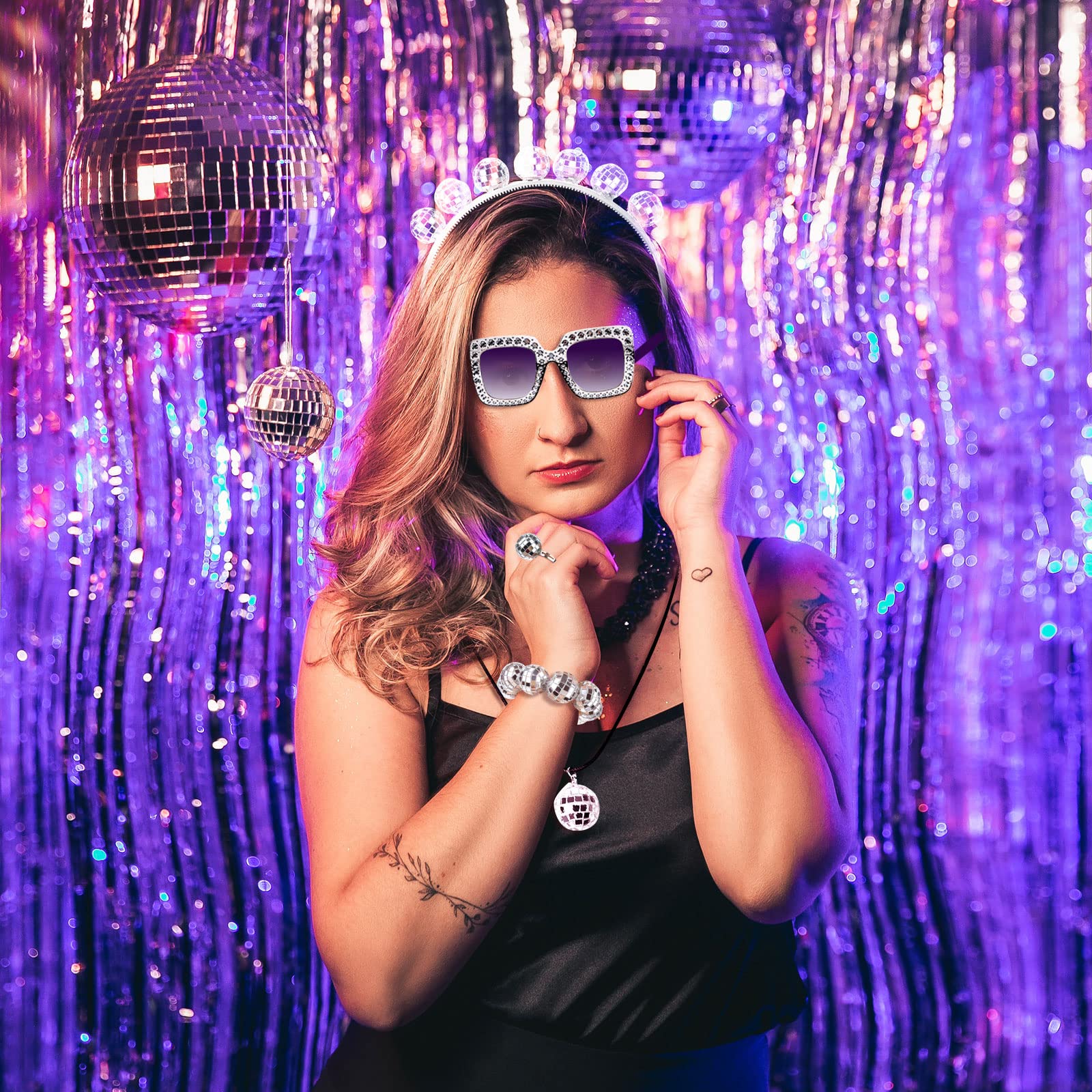 Hitele 6 Pcs 1970s Disco Accessories Set Disco Ball Earrings Necklace Bracelet Headband Ring and Sunglasses for Women Party (silver)