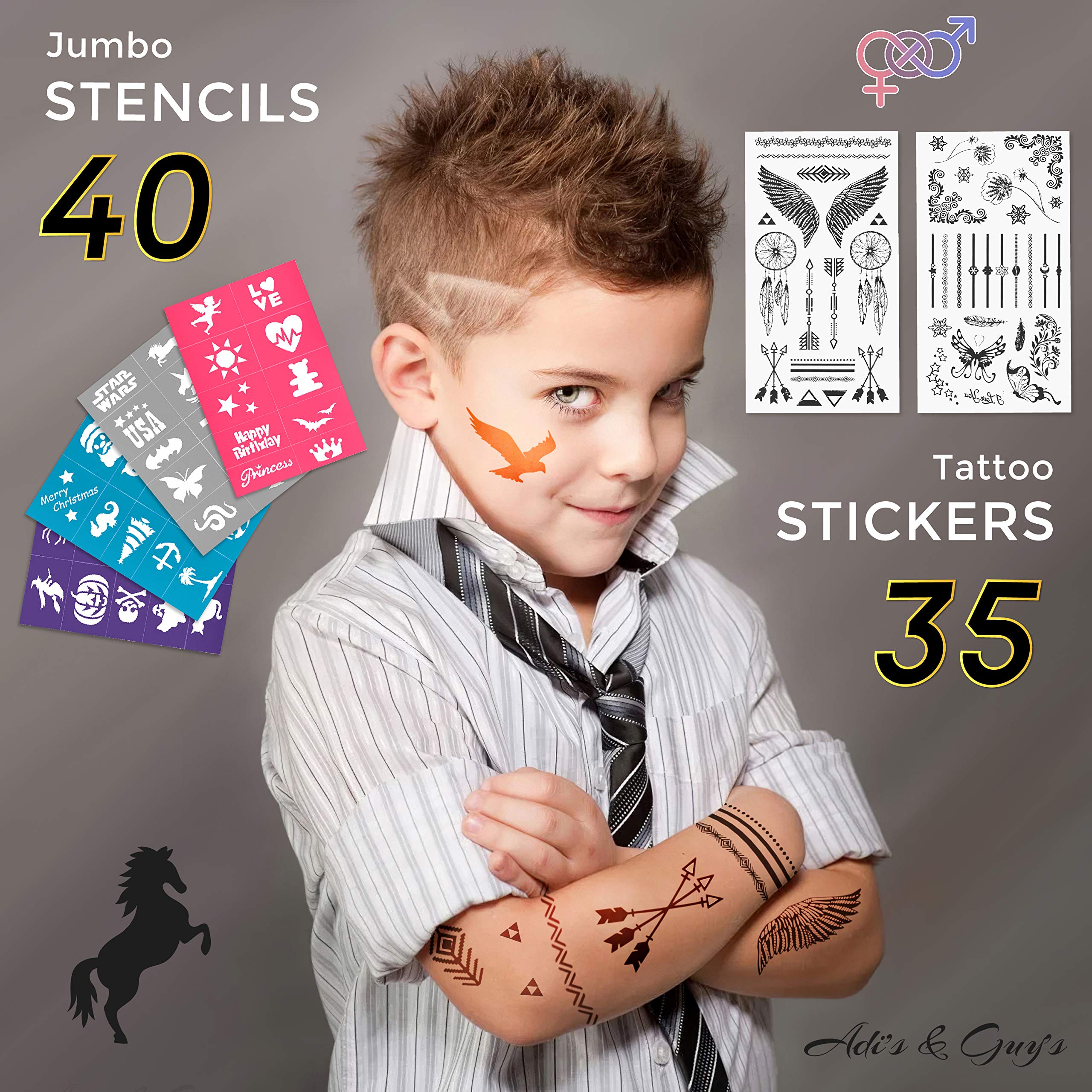ADIS&GUYS Face Painting Kit For Kids - 20 Water Based, Quick Dry, Non-Toxic Sensitive Skin Paints, 3 Glitters, 2 temporary hair chalks combs, 3 Paint Brushes, 40 Stencils, 2 Tattoos Sheets , Face Painting Book 20 Face Paint kit 20 Face Paint kit