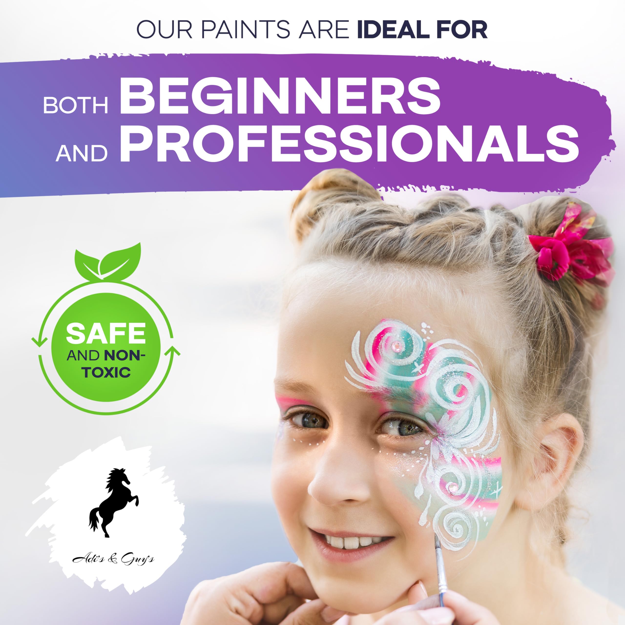 ADIS&GUYS Face Painting Kit For Kids - 20 Water Based, Quick Dry, Non-Toxic Sensitive Skin Paints, 3 Glitters, 2 temporary hair chalks combs, 3 Paint Brushes, 40 Stencils, 2 Tattoos Sheets , Face Painting Book 20 Face Paint kit 20 Face Paint kit
