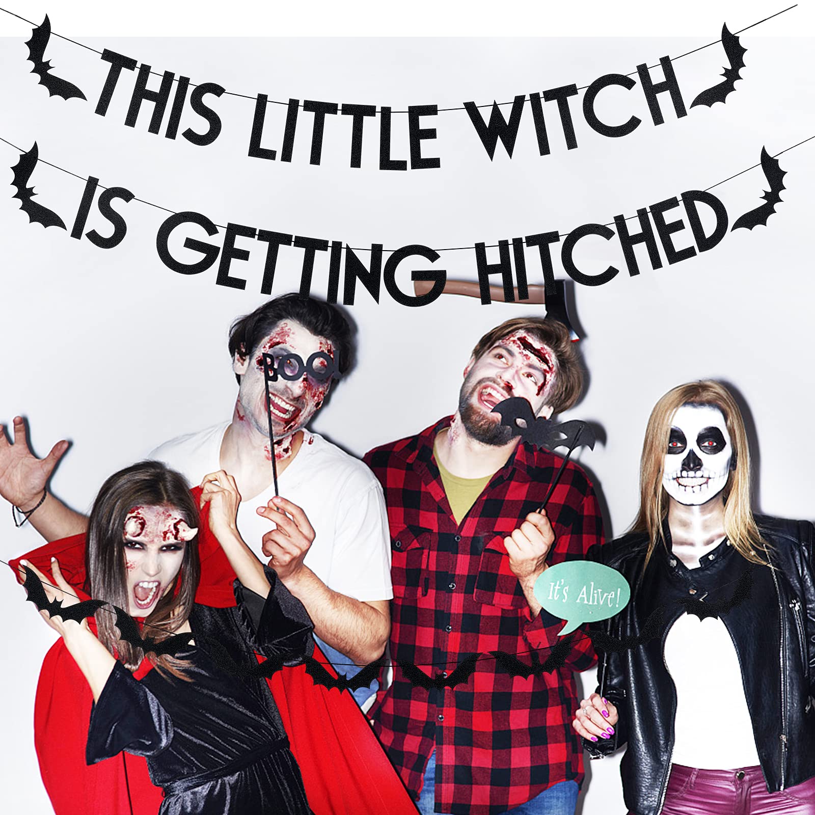 This Little Witch Is Getting Hitched Banner Black Glitter, Halloween Bats Banner Decorations, Halloween Bachelorette Party Decorations Halloween Haunted House Doorways Home Outdoor Mantle Decor