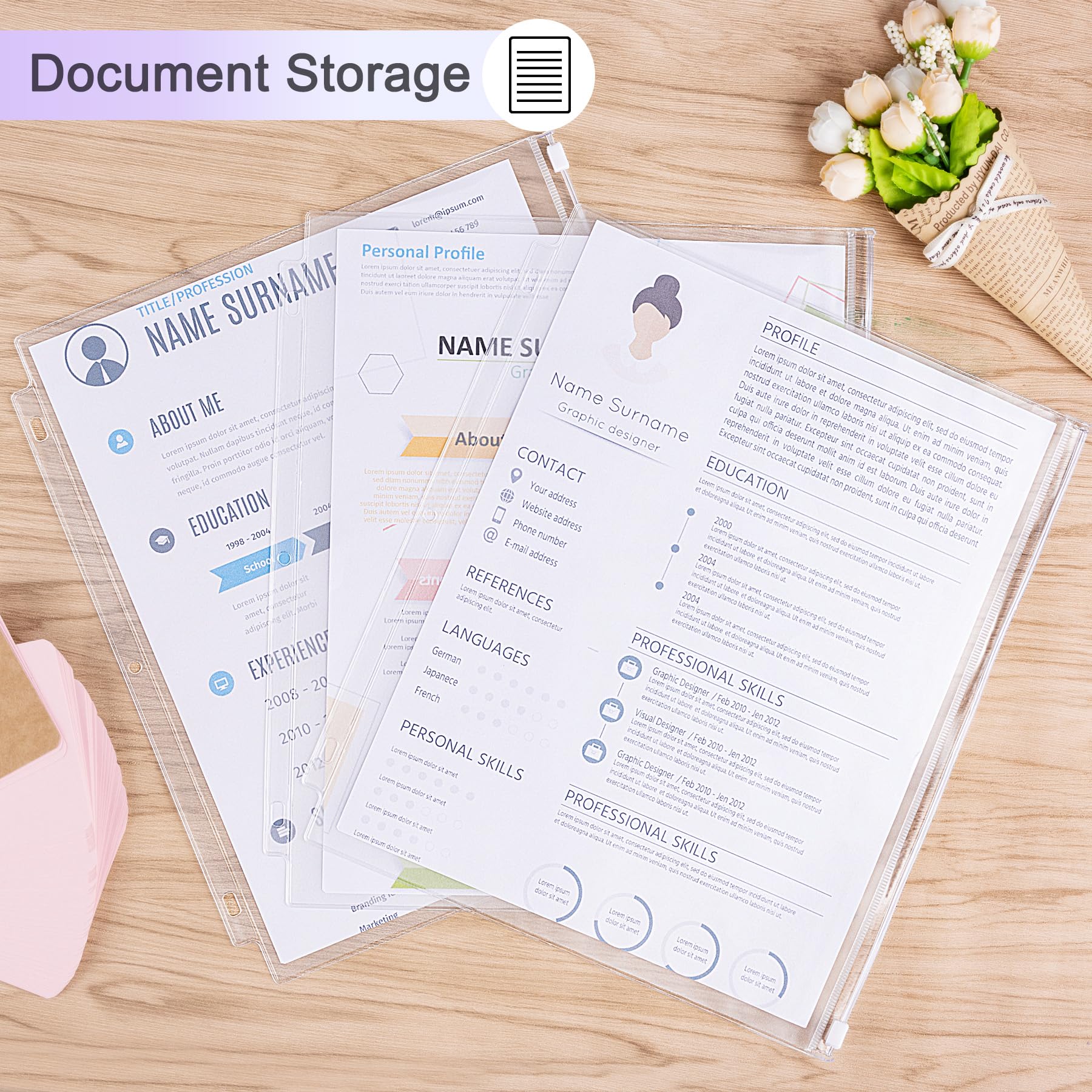 Antner 18 Pack Zipper Binder Pockets for 3 Ring Binder, Clear PVC 3 Holes Letter Size Binder Pouch Document Storage Bags Binder Folders Loose Leaf Inserts Sheet Page Protectors for Office School Home