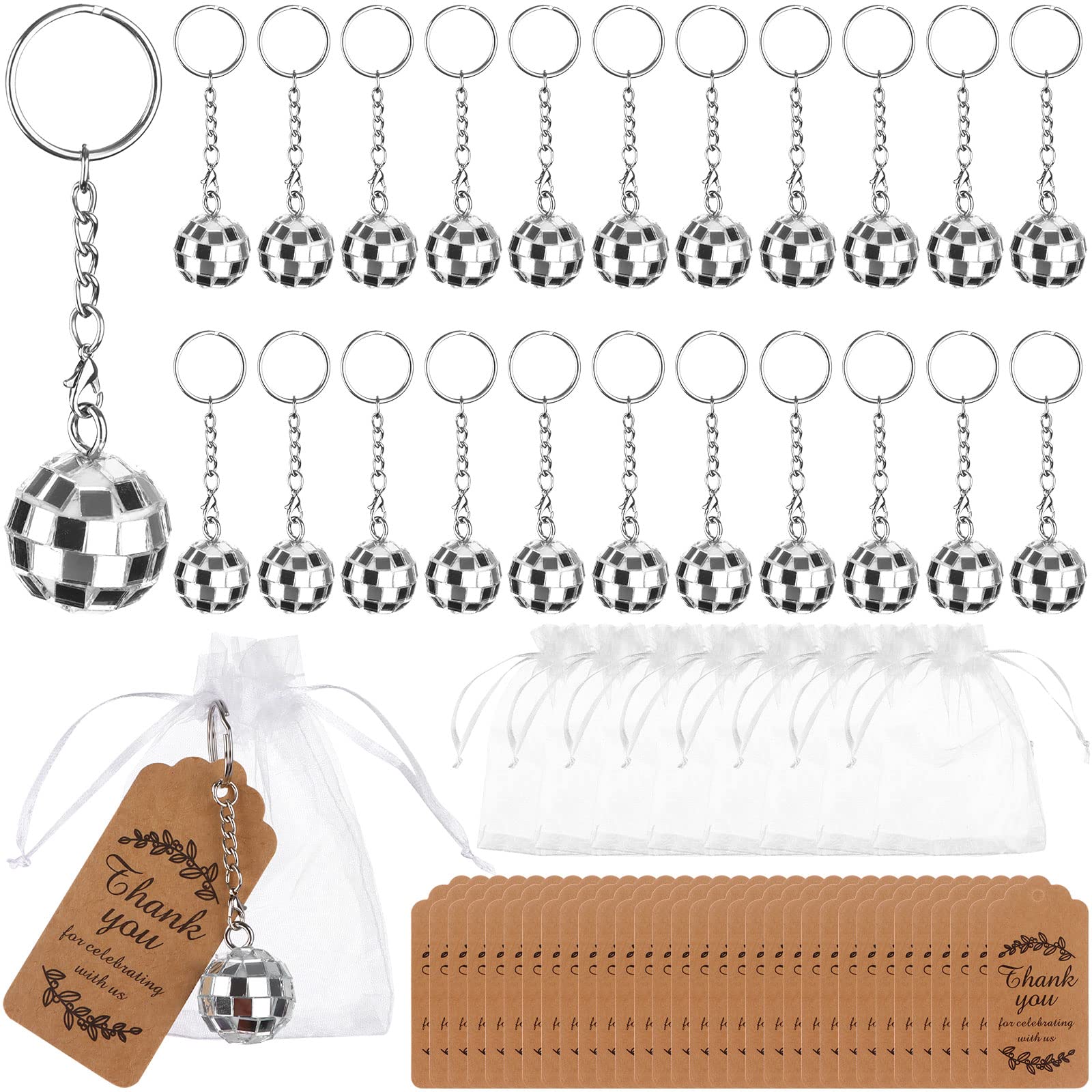 Ujuuu 150 PCS Mirror Disco Ball Keychain with Thank You Tags and Organza Bags Mini Disco Ball Keychain 70s 80s Disco Keychain Disco Ornaments for Disco Party Favors Wedding Decorations