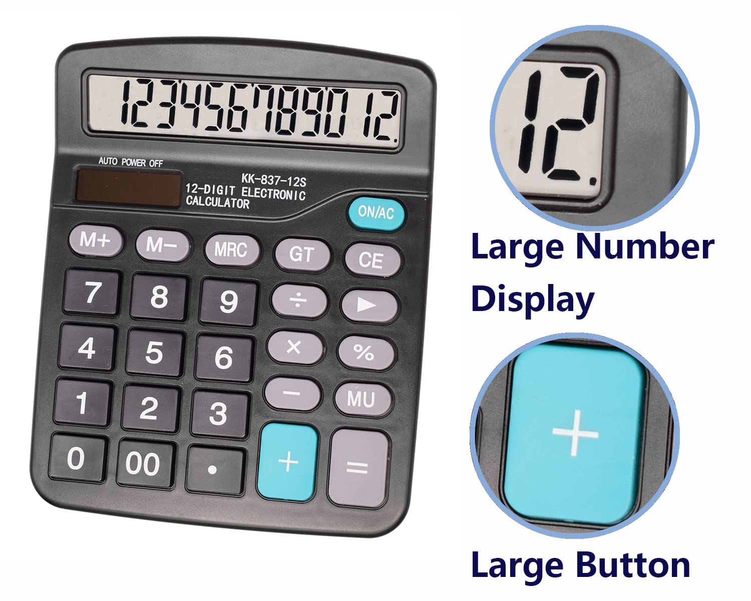 LIJUST Calculators, KK-837-12S Standard Function Desktop Calculator, 12 Digit Large LCD Display, Battery and Solar Powered Basic Calculators for Office, Primary School, Market or Home Use, Black