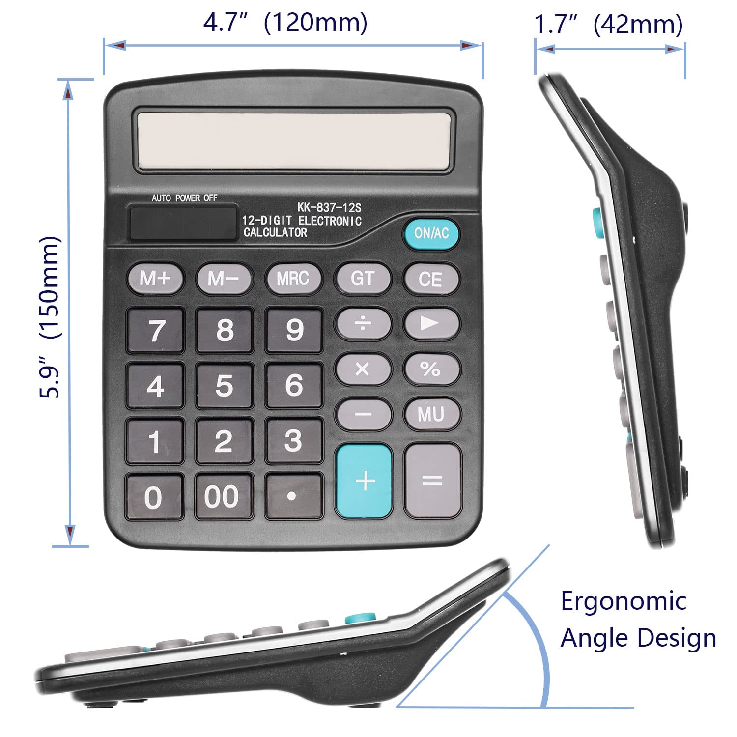 LIJUST Calculators, KK-837-12S Standard Function Desktop Calculator, 12 Digit Large LCD Display, Battery and Solar Powered Basic Calculators for Office, Primary School, Market or Home Use, Black