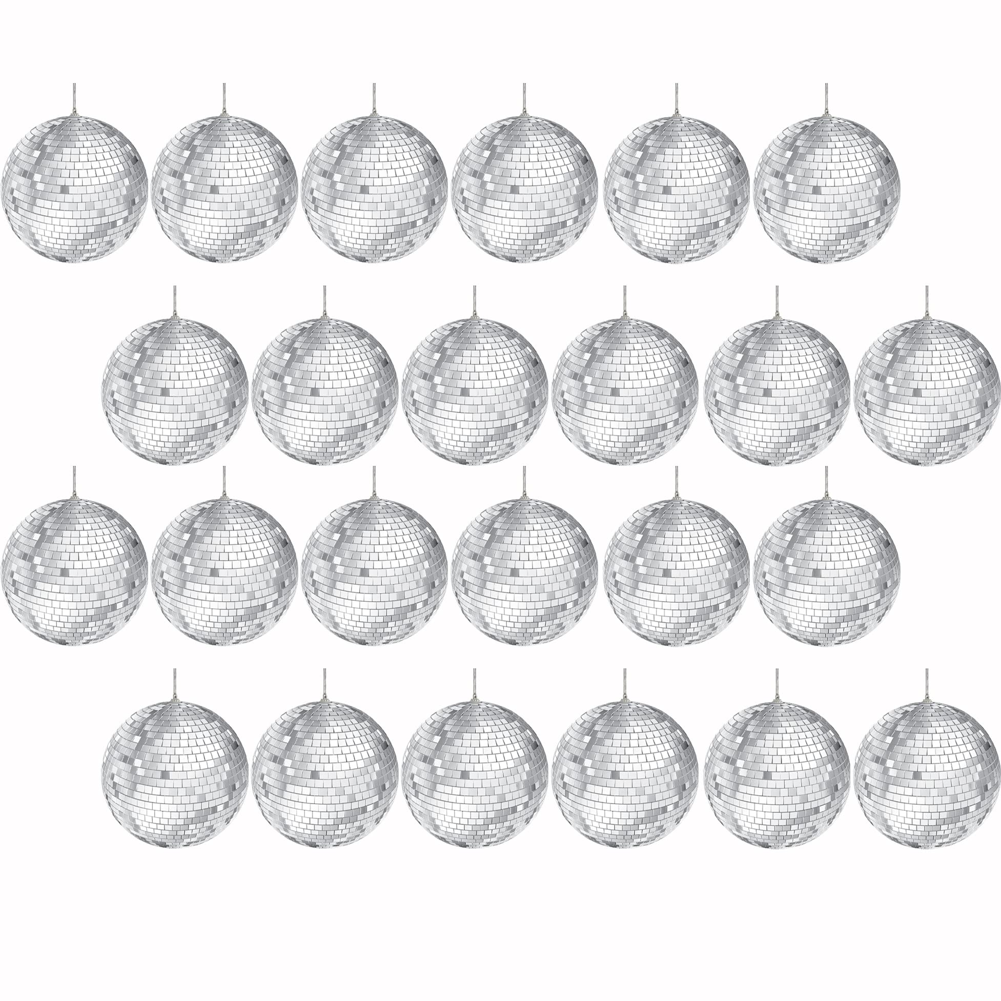 The Dreidel Company Mirror Disco Ball 2" Inch Silver Hanging Ball with Attached String for Hanging, Reflects Light, Party Favor (Pack of 24)