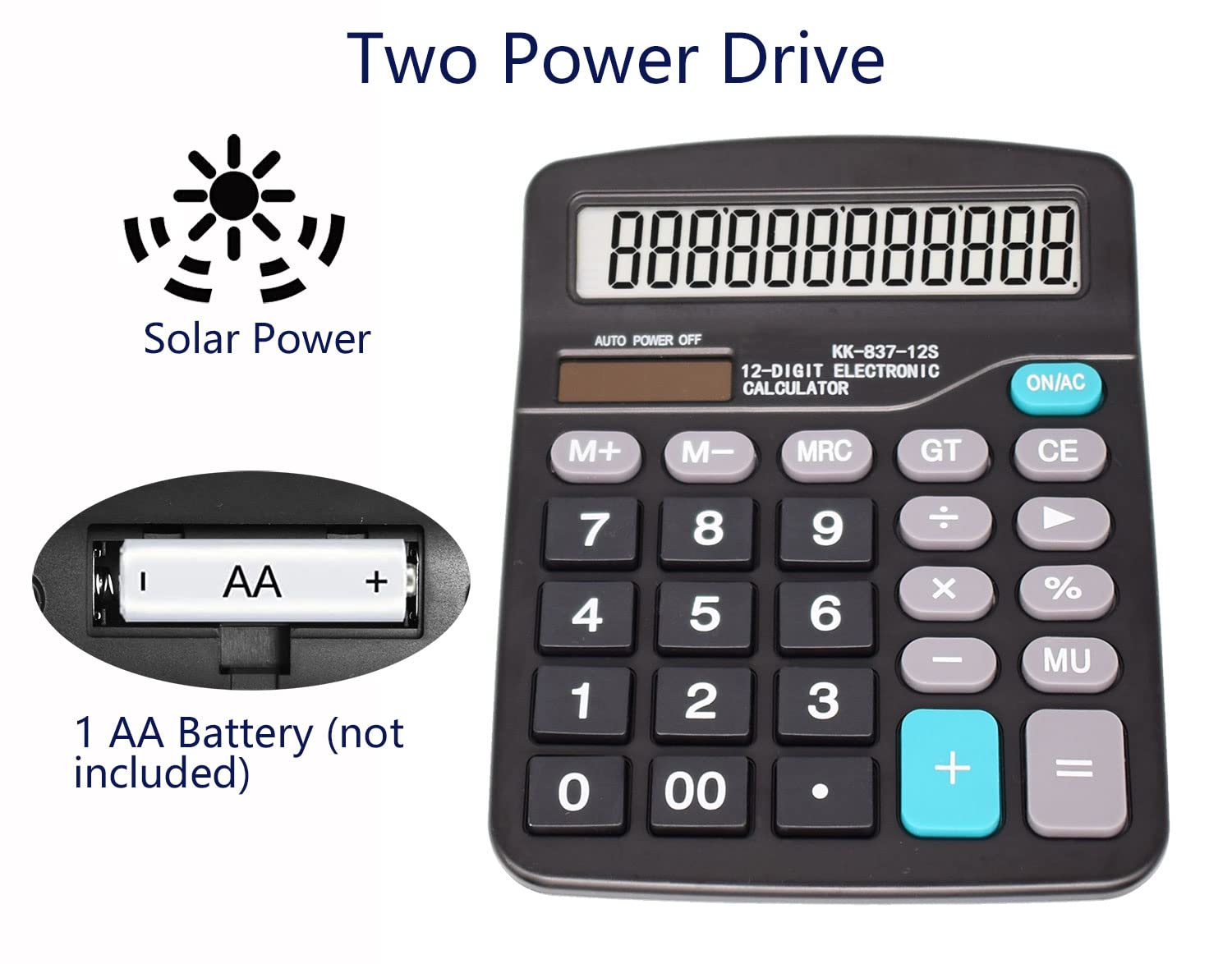 LIJUST Calculators, KK-837-12S Standard Function Desktop Calculator, 12 Digit Large LCD Display, Battery and Solar Powered Basic Calculators for Office, Primary School, Market or Home Use, Black